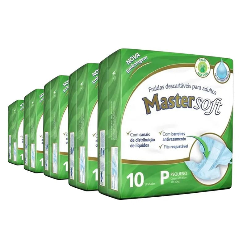 Kit 5 Fraldas Geriátricas Mastersoft Regular P - 50 Tiras - Lojas Rede