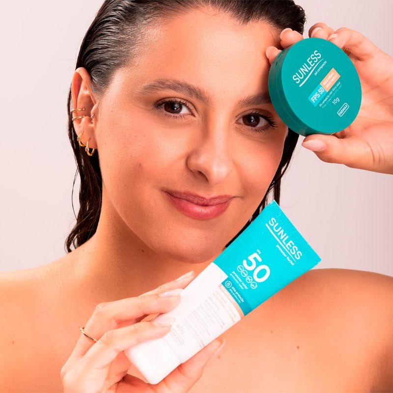 Kit Pó Compacto + Protetor Solar Facial Médio FPS50 Sunless 60g - Lojas ...