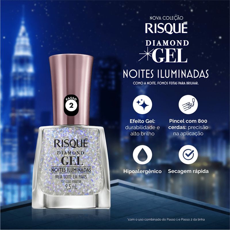 Top Coat Fixador Risqué Diamond Gel Noites Iluminadas Meia Noite em ...