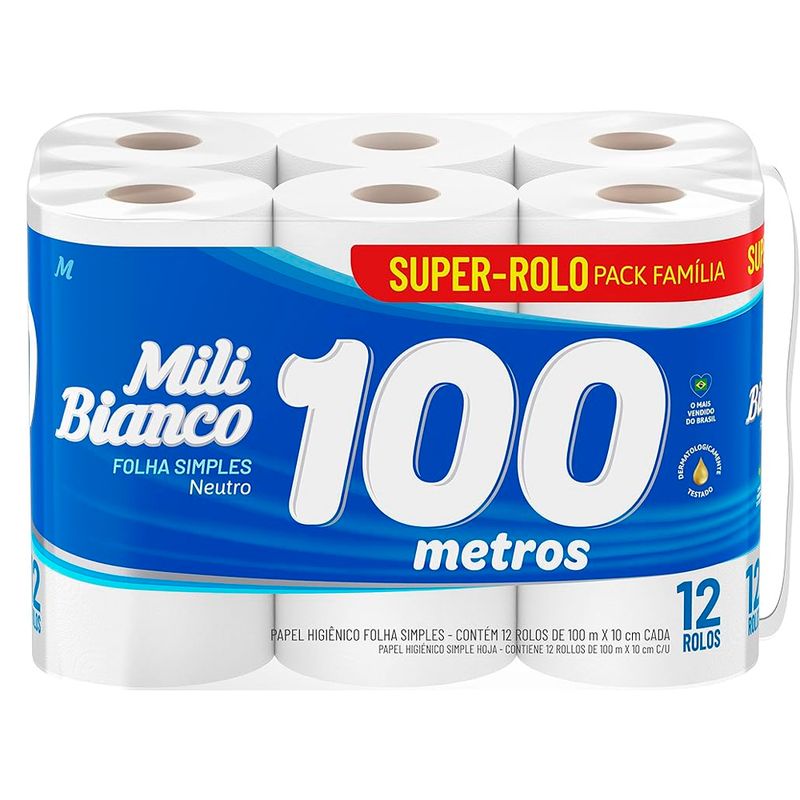 Papel Higiênico Mili Bianco Neutro Folhas Simples 100m Com 12 Unidades ...