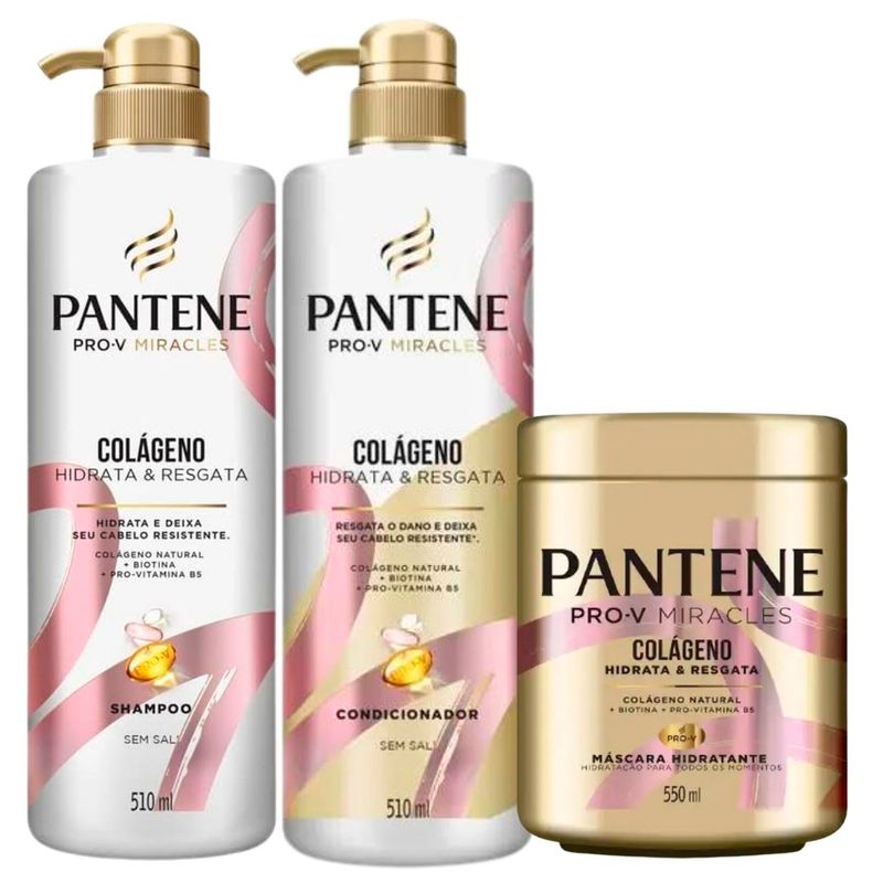 Kit Pantene Shampoo 510ml, Condicionador 510ml e Máscara Colágeno 550ml - Lojas Rede