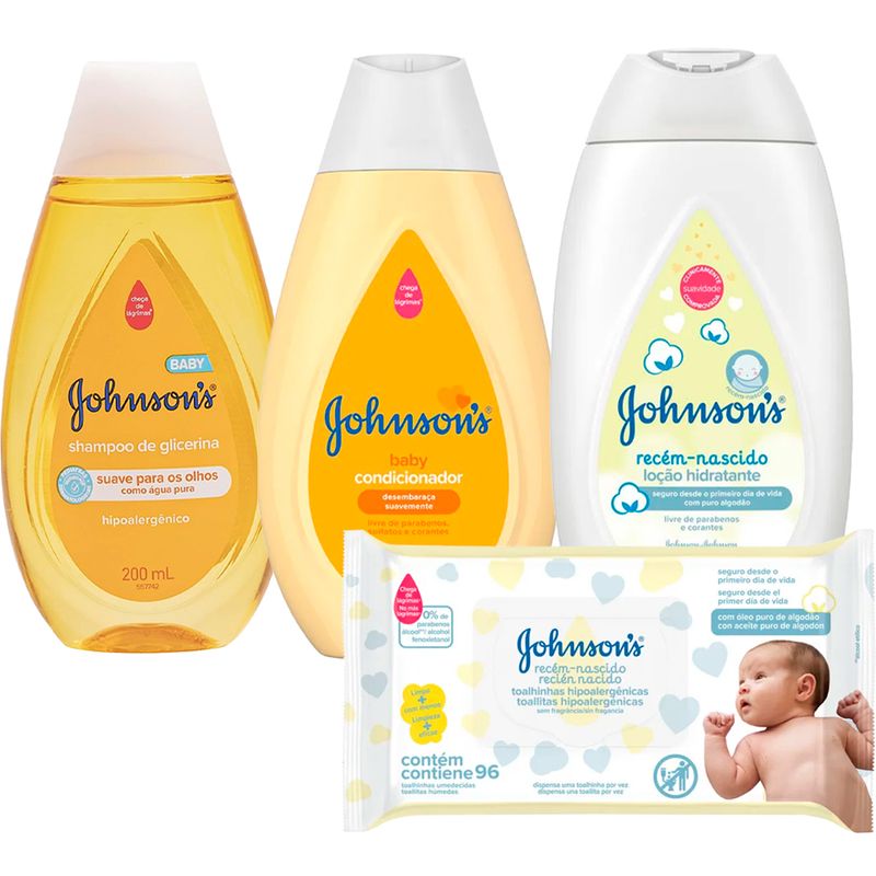 Kit Johnson's Baby Shampoo, Condicionador, Creme Hidratante e Lenço ...