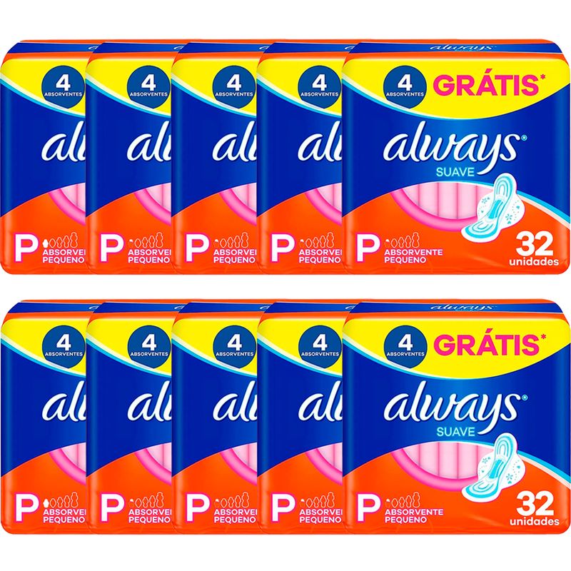 Kit 10 Absorvente Always Super Proteção Cobertura Suave - 320 Unidades ...