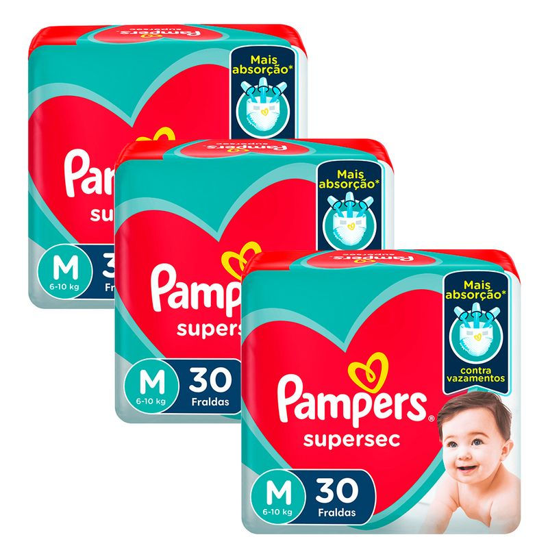 Kit 3 Fraldas Pampers Supersec Pacotão Econômico M - 90 Tiras - Lojas Rede